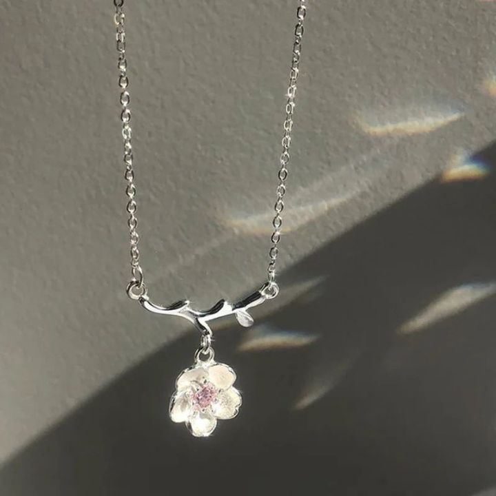 Romantic Cherry Blossoms Flower Necklace For Women Shiny Crystal Zircon ...