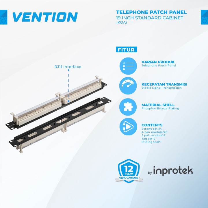 Vention Telepon Patch Panel RJ11 25 Port for 1U 19 Inch Server Rack Telephone Cable Rackmount ...