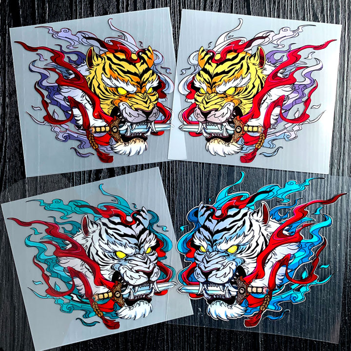 2PCS Left and Right White Tiger Reflective Stickers Yellow Tiger ...