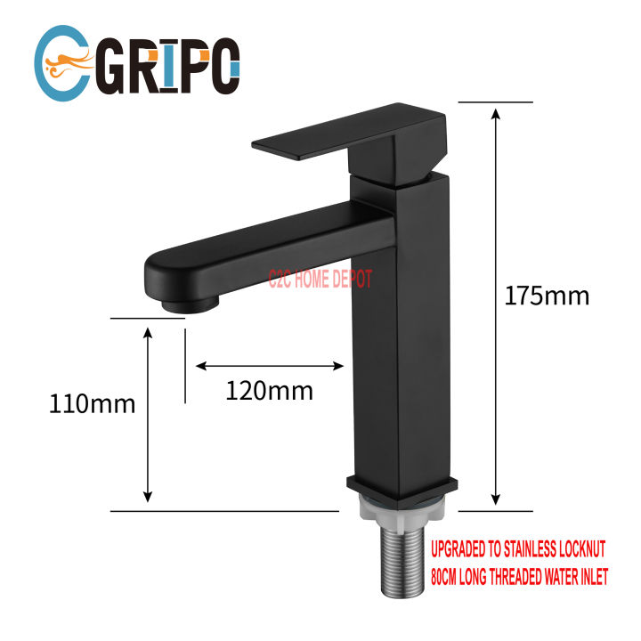 GRIPO 304 stainless SQUARE Body Short BLACK lavatory single cold GP400 ...
