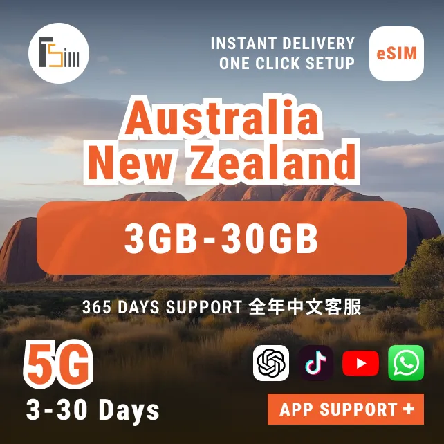 Australia & NewZealand 5G eSIM: 3/5/7/10/15/30 Days Total: 3GB/5GB/10GB/20GB/30GB | QR Code ...