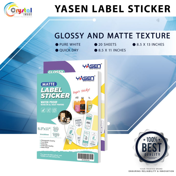 Yasen Matte/Glossy Label Sticker 20 sheets 150gsm Waterproof Pure White ...