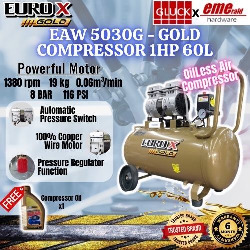 EUROPOWER/EUROX GOLD OIL LESS 1HP / 30L AIR COMPRESSOR F.O.C PU RECOIL HOSE & Air Blow Gun ...