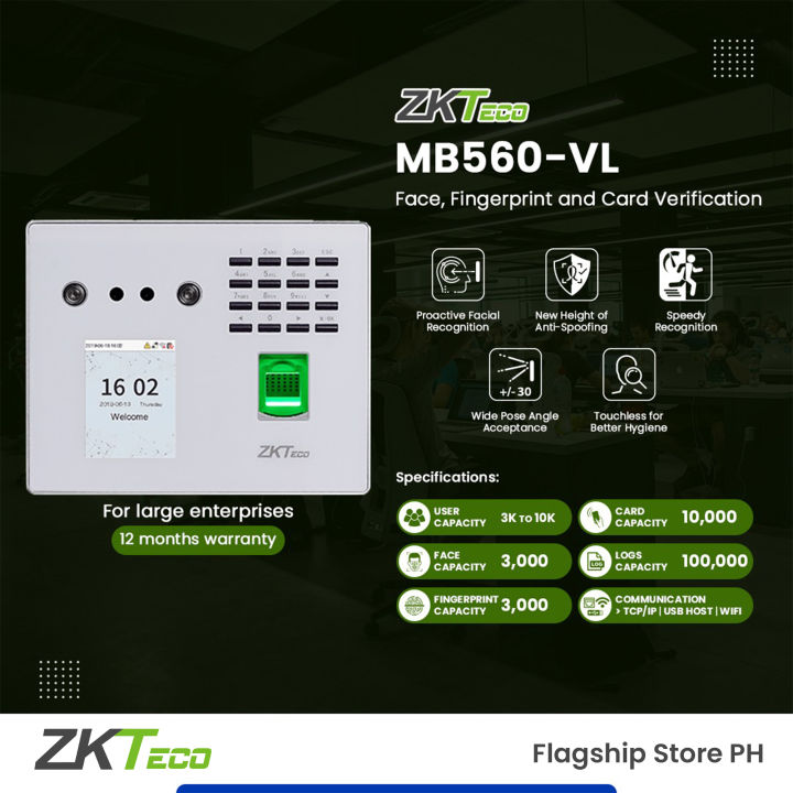 ZKTeco Visible Light Face, Fingerprint & ID Time & Attendance Biometrics MB560-VL with Free ...