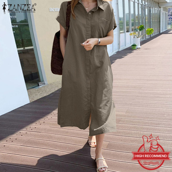 Zanzea Korean Style Women Short Sleeve Lapel Button Down Shirt Dress