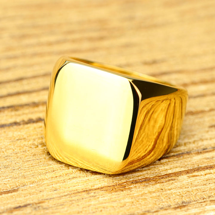 Square Ring Large Wide Seal Rings 24K Gold Plated Stainless Steel Man ...