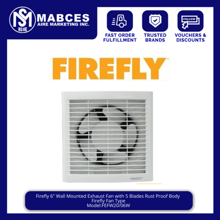 Firefly 6'' Wall Mounted Exhaust Fan with 5 Blades Rust Proof Body ...