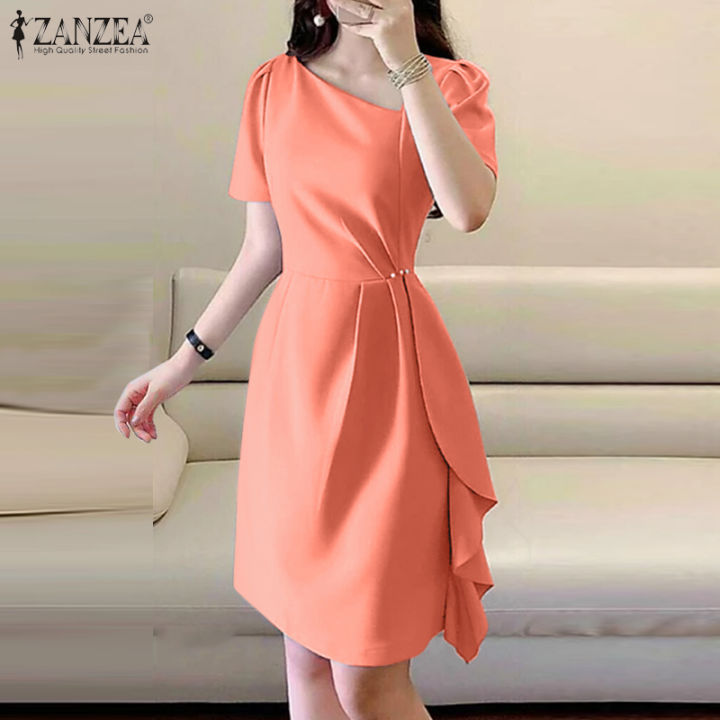 Zanzea Korean Style Womens Dresses Summer Puff Short Sleeve Round Neck