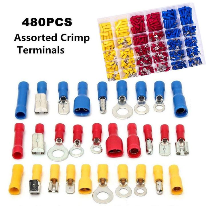 480Pcs Terminals Connector Spade Set Assorted Insulated Wiring Terminal Ends Electrical Wire ...