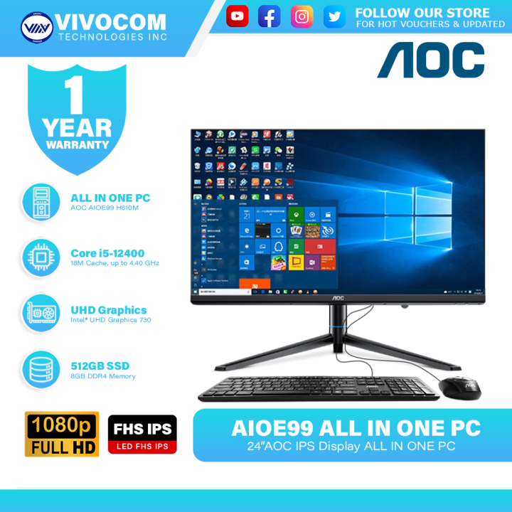 AOC AIOE99 ALL IN ONE PC Intel Core i5-12400 24”AOC IPS Display 8GB DDR4/512GB SSD All In One ...