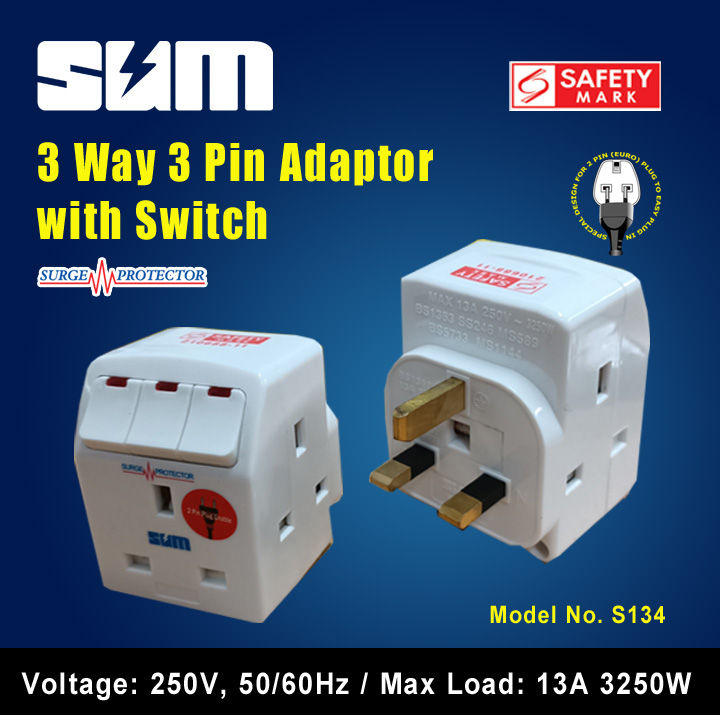 3 Way Multi-Adapter with Individual Switch & Surge and without Surge ...