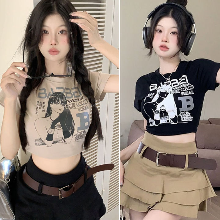 luna shop🌻เสื้อครอปย้อนยุคผู้หญิงแขนสั้นเสื้อยืดสุดเท่พิมพ์แฟชั่นท็อปส์ ...