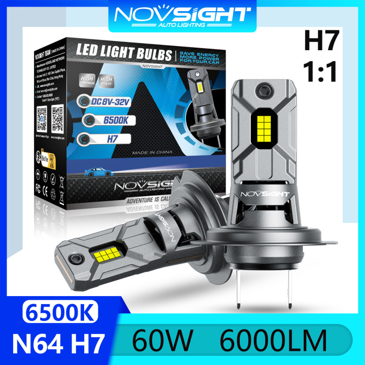 Novsight N64 H7 LED Headlight Bulb Kit 60W 6000LM 6500K Super Bright LED Light for Car High Beam ...