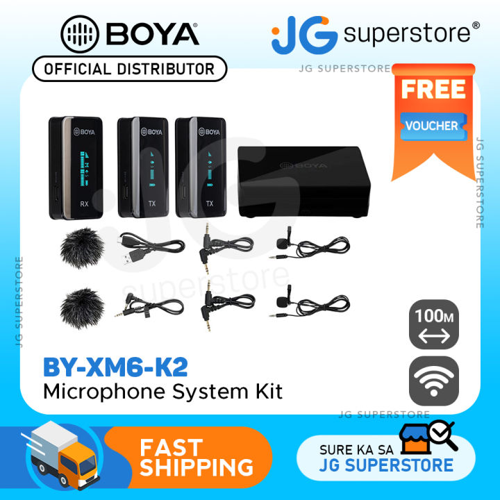Boya BY-XM6-K2 Ultra-Compact 2.4GHz Dual Channel Lavalier Wireless Microphone System Kit with ...