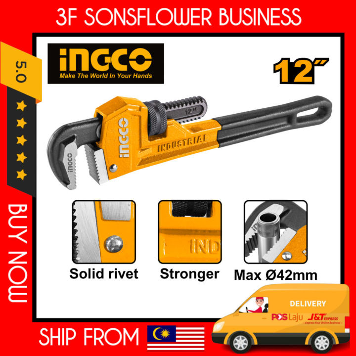 INGCO Pipe Wrench 12" Heavy Duty Straight Pipe Wrench, Adjustable ...