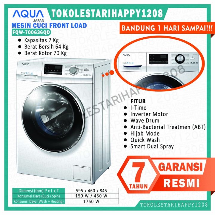 MESIN CUCI AQUA 1 TABUNG 7 KG FRONT LOAD FQW-700636QD FQW 700636 QD ...