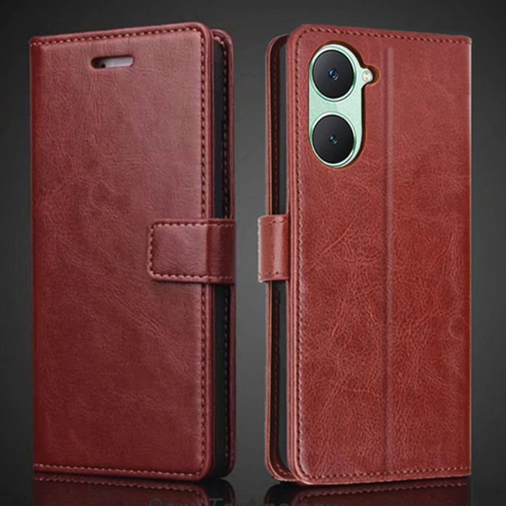 กระเป๋าสตางค์วินเทจกระเป๋าเงินเคสหนังแท้สำหรับ Vivo Y28s 5G V2346พับ ...
