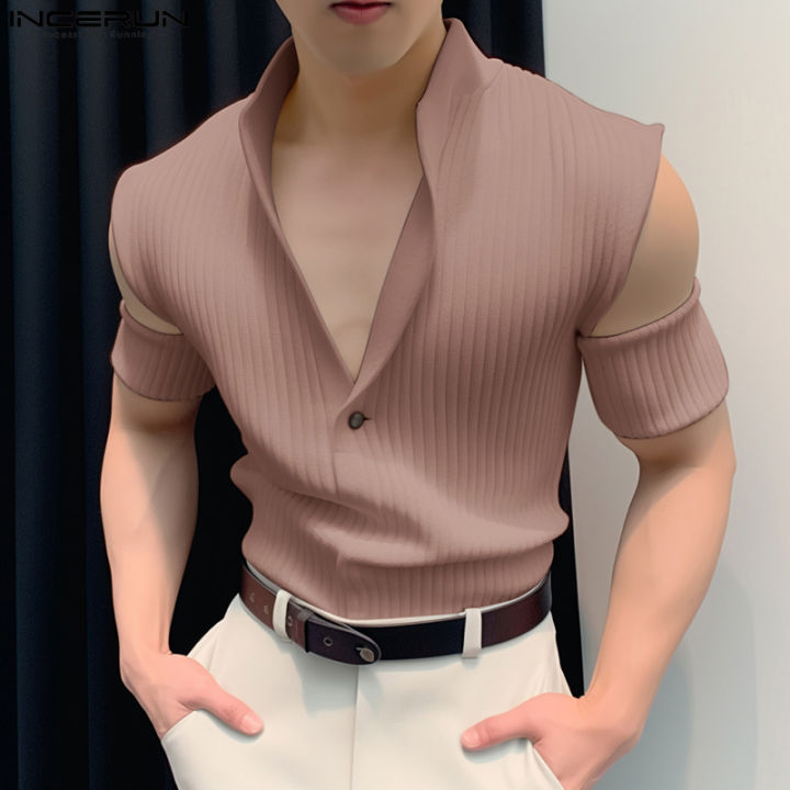 INCERUN Men Casual Simple Knitted Off Shoulder Shirts Korean Fashion ...