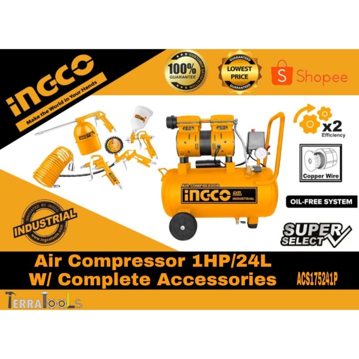 INGCO Air Compressor 1HP 24Liters Silent and Oil Free (ACS175241P) with ...