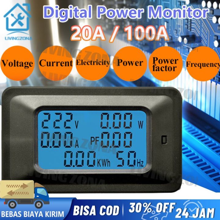 20A 100A AC 110 220V Power Monitor Daya Digital Multifungsi Wattmeter ...