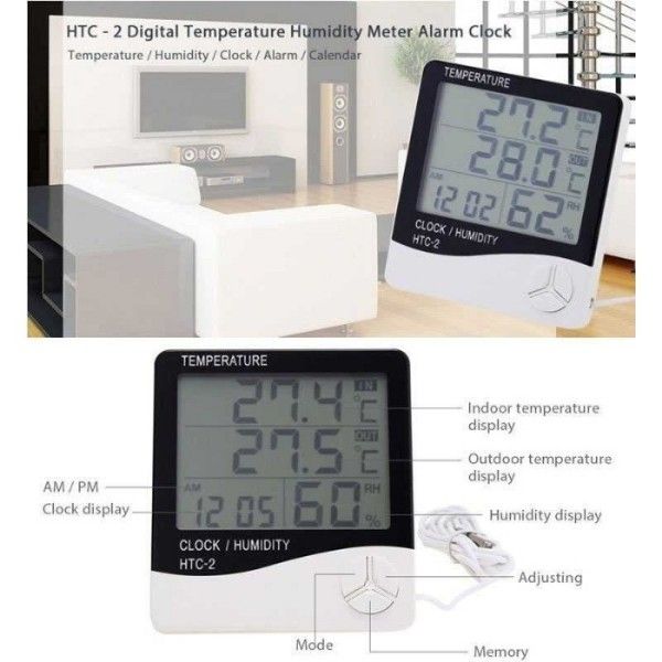 HTC-1 dan HTC-2 Hygrometer Termometer Ruangan Digital Jam Thermometer ...