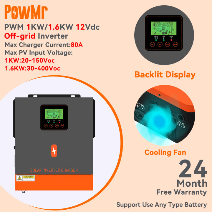 PowMr 1KW/1.6KW 12V All in one อินเวอร์เตอร์ 230Vac ในตัว 80A MPPT Solar Charge Controller 50 ...