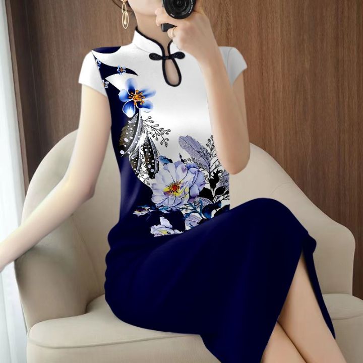 Mid-Length Improved Cheongsam Dress Summer New Simple Print Innerwear ...