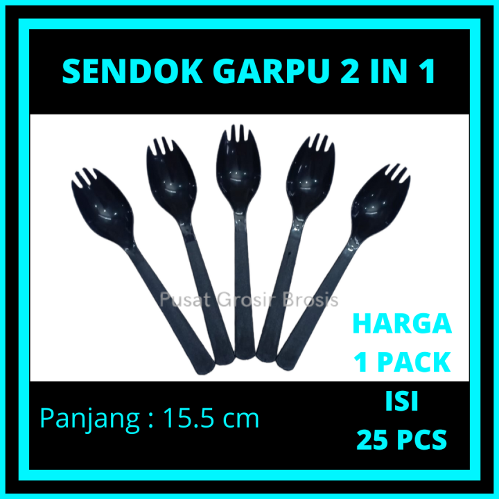 (25pcs) Sendok Plastik 2 in 1 / Sendok Garpu Plastik 2 in 1 / Spork Hitam / Sendok Garpu Makan ...