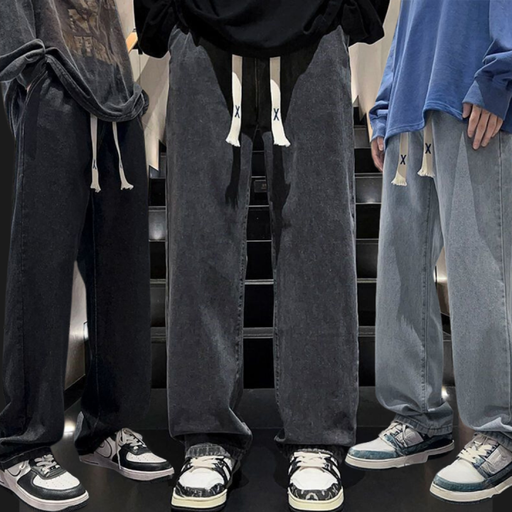 SHALOM Stylish Denim Straight Cut Pants With Tattered Unique Drawstring ...