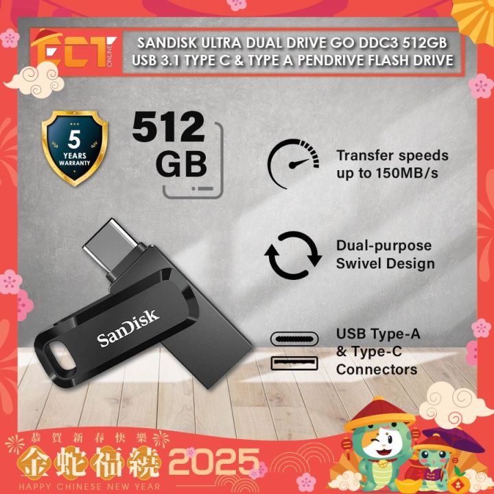 Sandisk Ultra Dual Drive Go DDC3 512GB 1TB 150MB/s USB 3.1 Type C & Type A Pendrive Thumb Drive ...