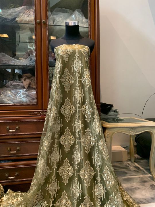Bahan Kain Brokat Tile Etnik Keraton Diamond Warna Army Semi Olive ...