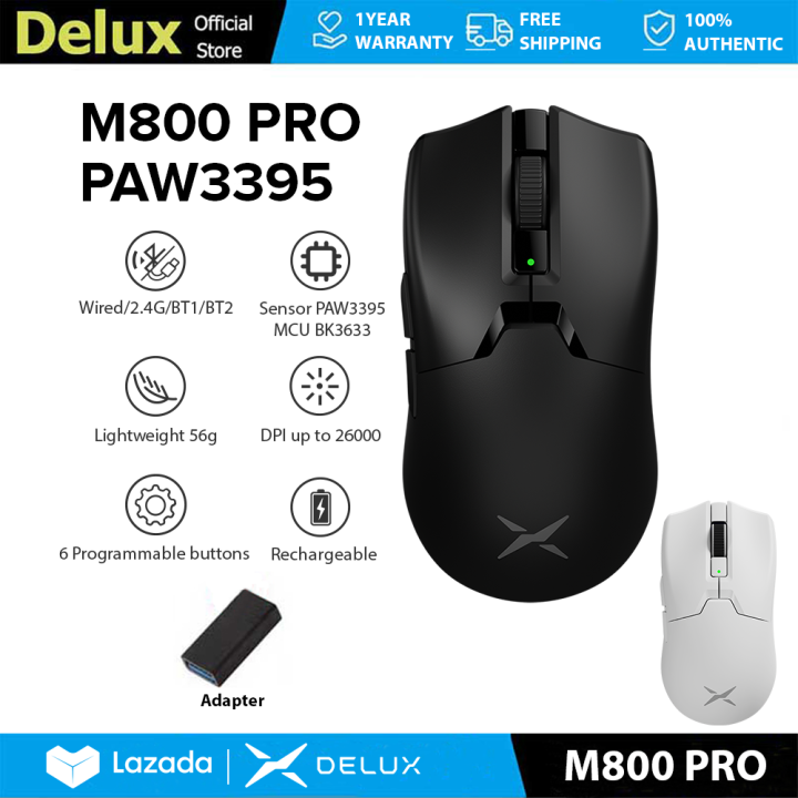 Delux M800 PRO PAW3395 Gaming Mouse DPI MAX 26000 Wired 2.4G Bluetooth Wireless Rechargeable ...