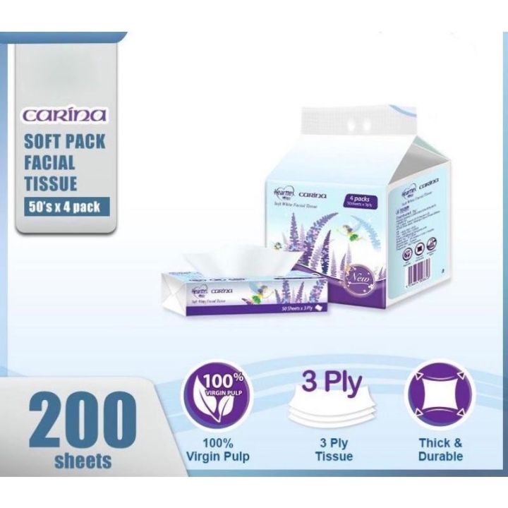 Carina 3 Ply Soft Pack Facial Tissue 50 Sheets x 1 Pack / 50 Sheets x 4 ...
