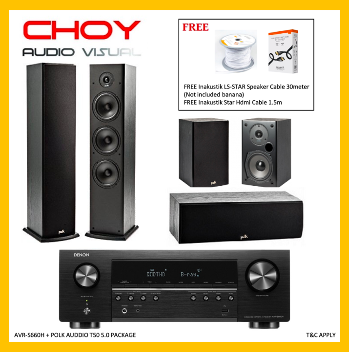 Denon AVR-S660H 5.2CH 8K AV Receiver +Polk Audio T50 5.0 Speaker ...
