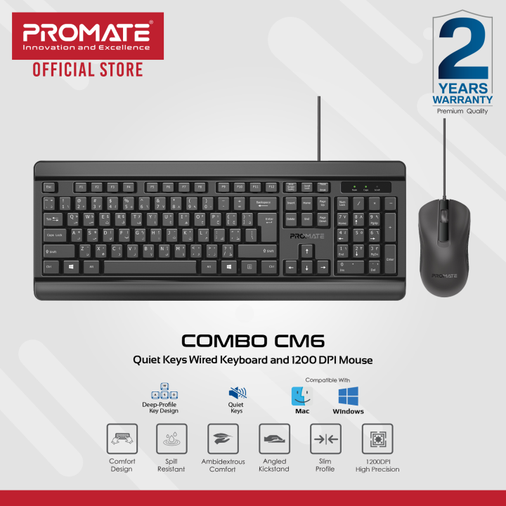 Promate Combo-CM6 Quiet Keys Wired Keyboard and Mouse | Lazada PH