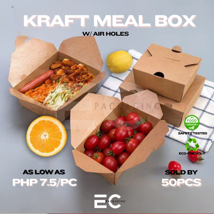 EC 50PCS FOOD-GRADE KRAFT PAPER MEAL BOX TAKEOUT BOX ECOFRIENDLY W/ AIR ...