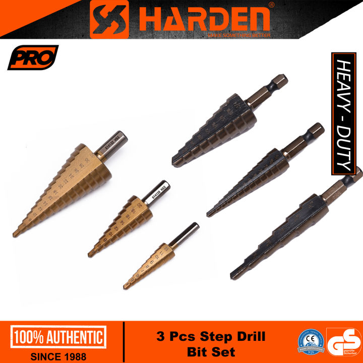Harden 3 Pcs Step Drill Bit Set Inches,MM (PROFESSIONAL) High Speed Steel Metal HSS Step Drill ...