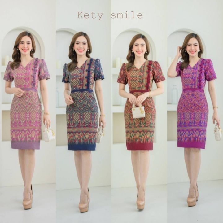 Kety Smile ผ้าทอลายไหมแกมฝ้าย ระบายข้าง อัดกาวทั้งชุด S 2xl N467 Th