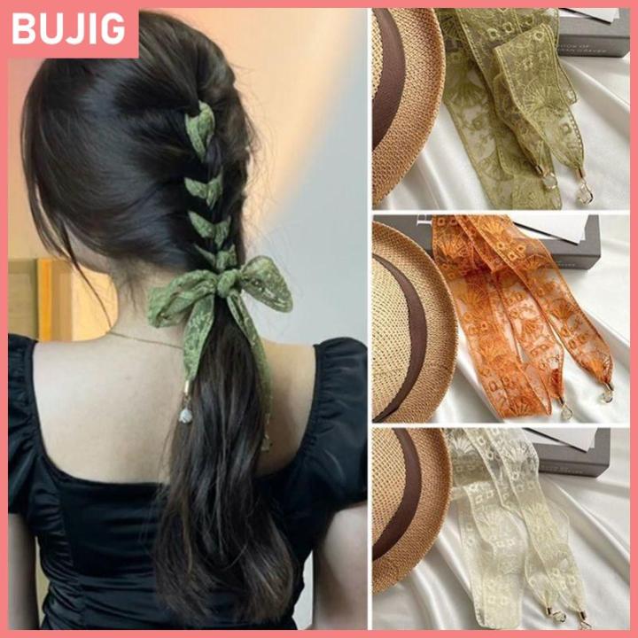 BUJIG ริบบิ้นผูกผมแฟชั่นลายลูกไม้สีเขียวประดับดอกไม้สายคาดผมกระเป๋าจี้ ...