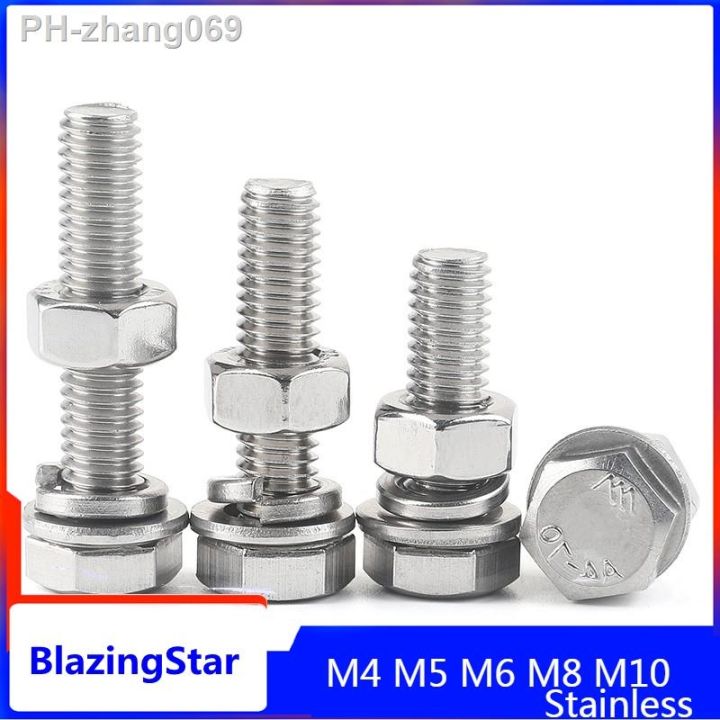 304 Stainless Steel Outer Hexagon Screw Nut Set Combination Bolt Large Flat Spring Washer M4 M5 ...