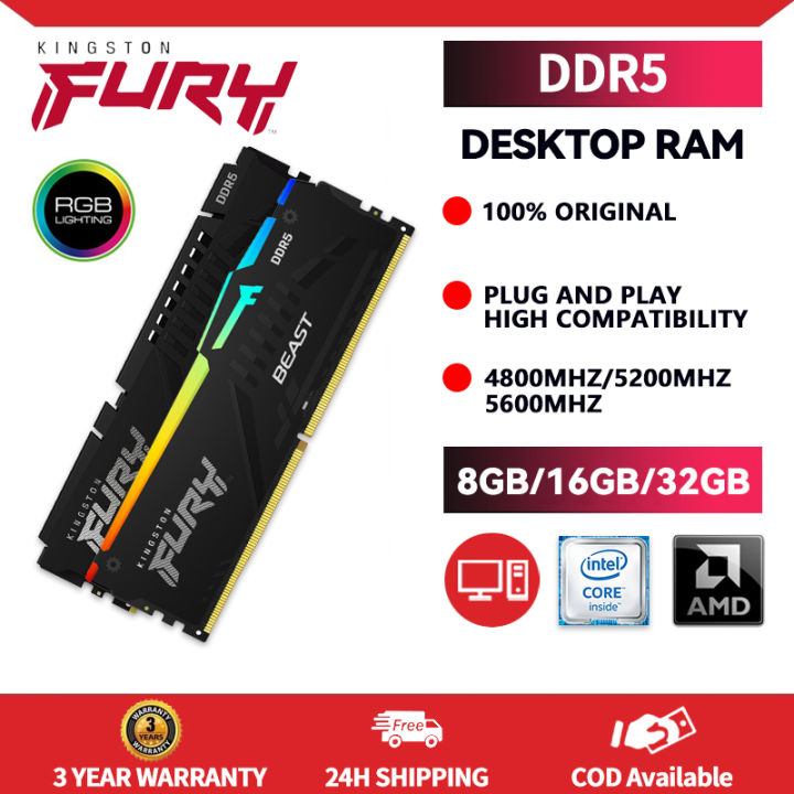 【Free shipping】Kingston Fury Beast RGB DDR5 RAM 8GB 16GB 32GB Desktop Memory 4800MHz 5200MHz ...