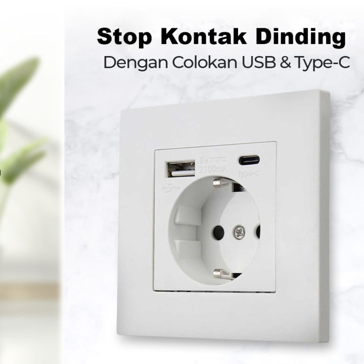 Stop Kontak EU + Type C USB Port Dinding Tembok Colokan Listrik HB16 ...