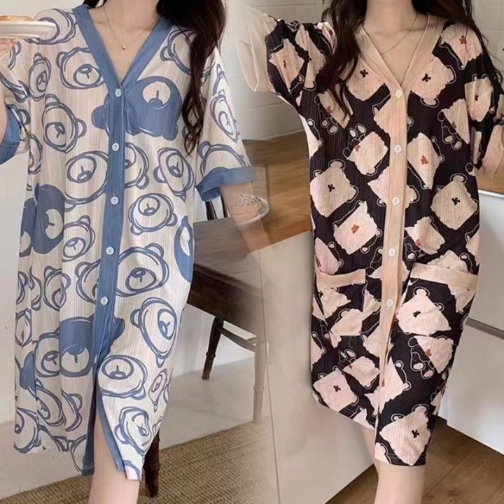 V neck Korean style Daster cotton cardigan fashionable nightgown ...