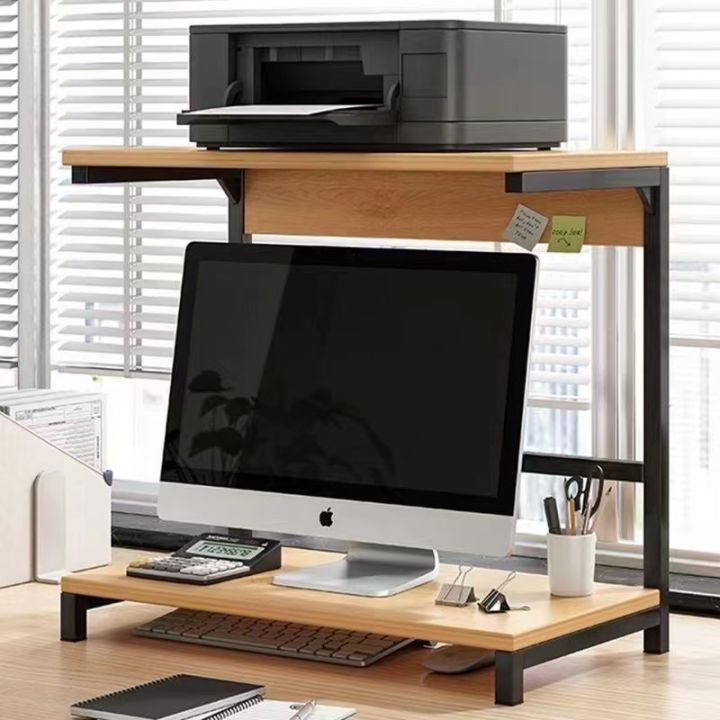 Computer Desk Stand With Printer Double Layers Wooden Monitor Stand ...