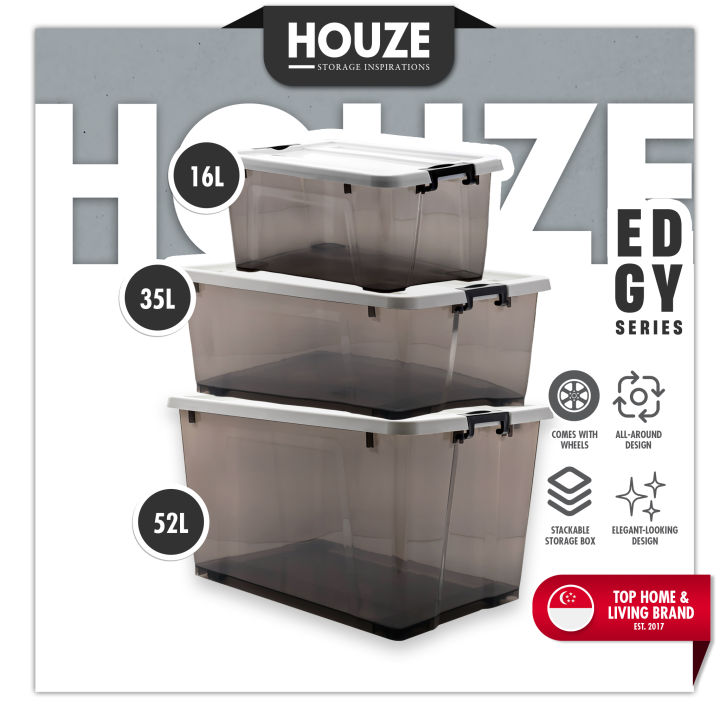 [HOUZE] 'EDGY' Storage Box With/Without Wheelst 3 Sizes 16L|35L|52L(Smoke Grey) - Stackable ...