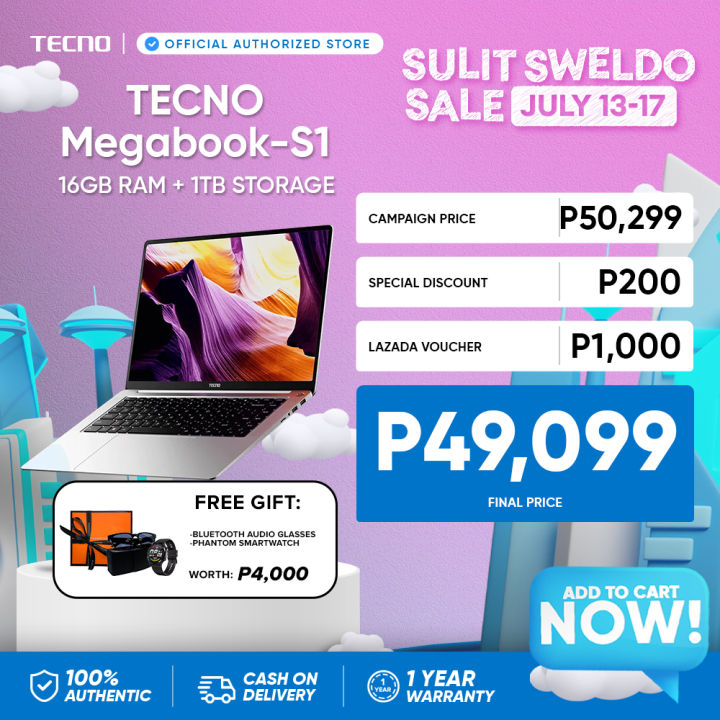 TECNO Megabook-S1 Laptop | 16GB RAM + 1TB STORAGE | Intel® Core™ 12th Gen i5-1240P | 15.6” IPS 3 ...