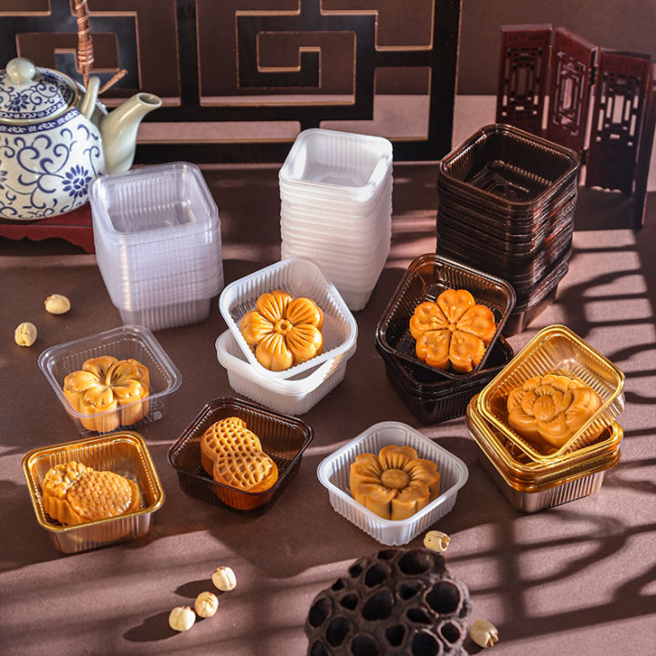 100Pcs/pack Golden Transparent Moon Cake Plastic Tray Moon Cake Box ...