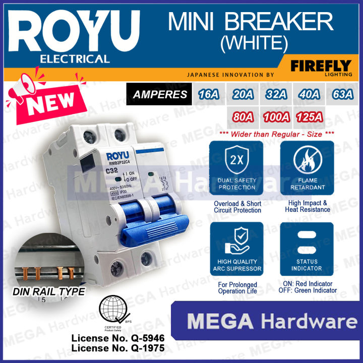 ROYU 2-POLE MINIATURE CIRCUIT BREAKER (DIN RAIL TYPE) 16A 20A 32A 40A ...