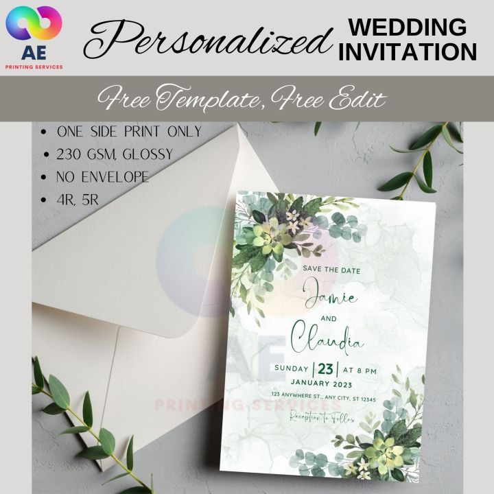 White and Green Motif Minimalist Customize Wedding Invitation (5R 4R ...