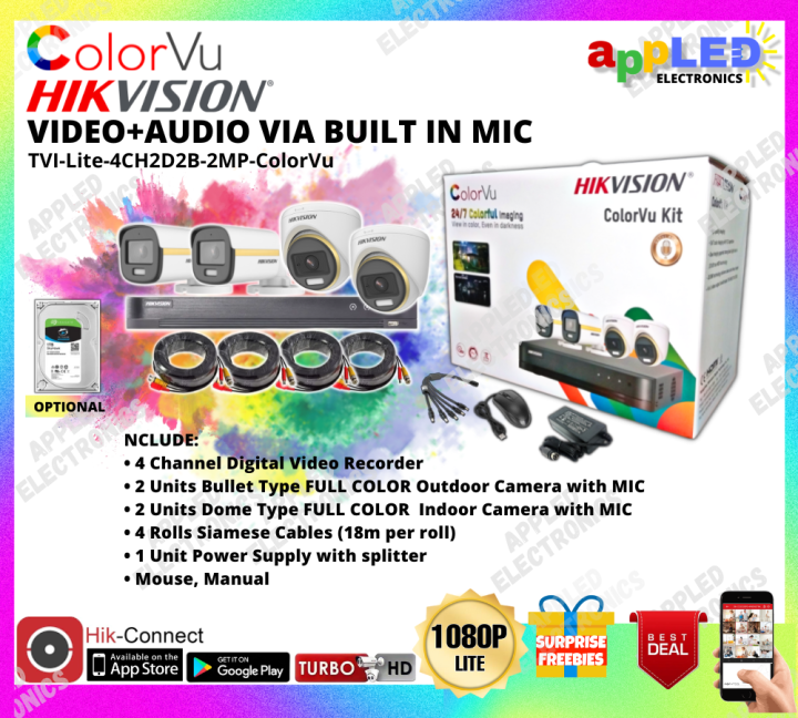 HIKVISION TVI-Lite-4CH2D2B-2MP-ColorVu Colorvu Kit 2MP (Lite) 4 24/7 Full Color Cameras with Mic ...